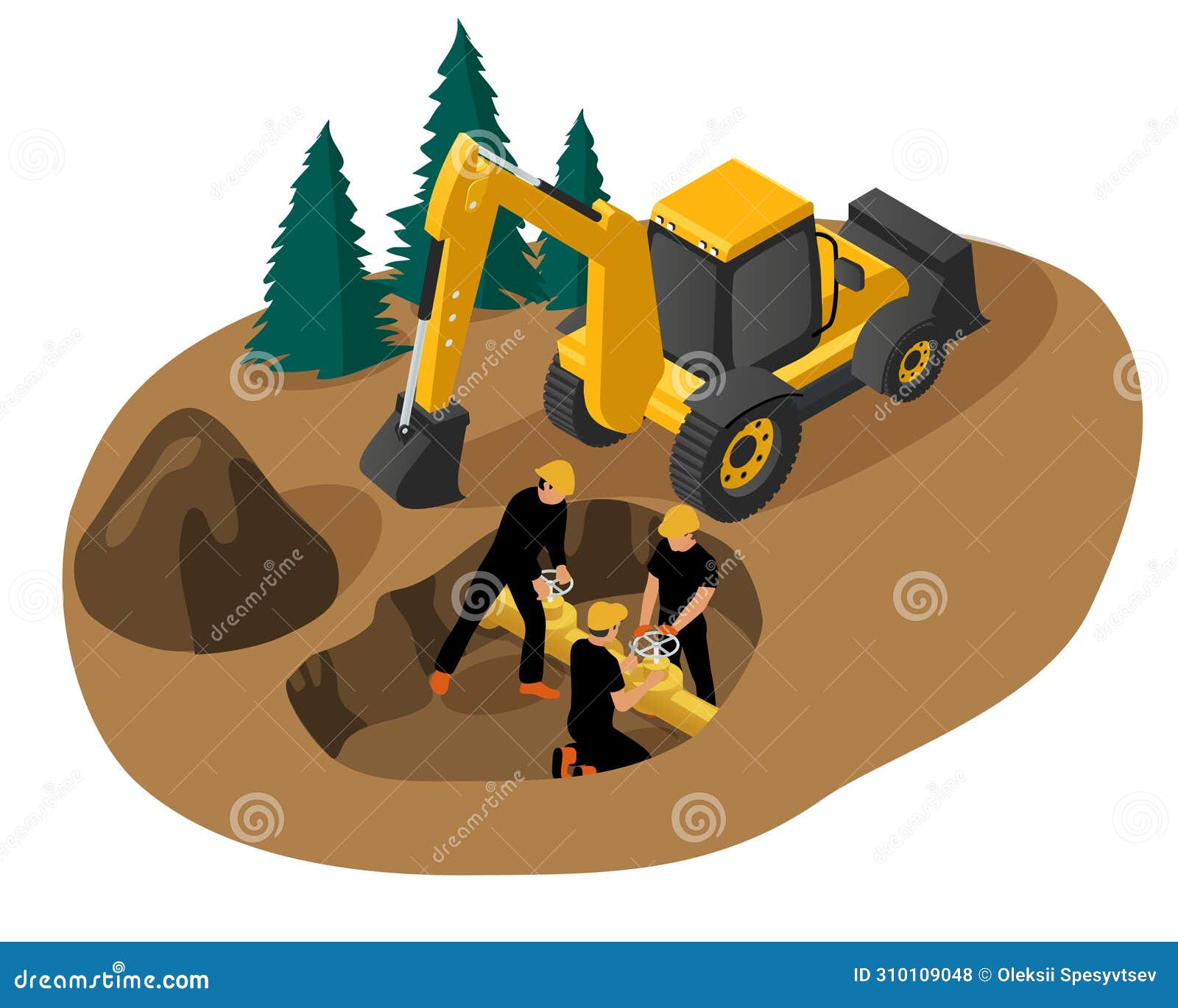 Excavator Digging a Pit and Workers Repairing a Water Pipe Stock Vector ...