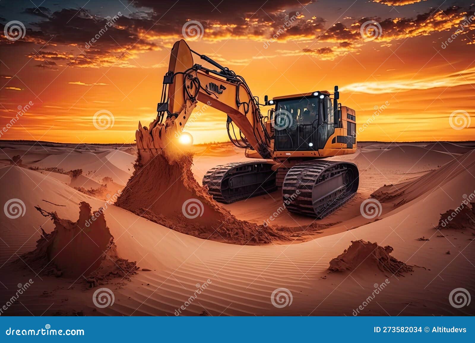 Excavator Digging into the Sand, with Desert Sunset in the Background ...