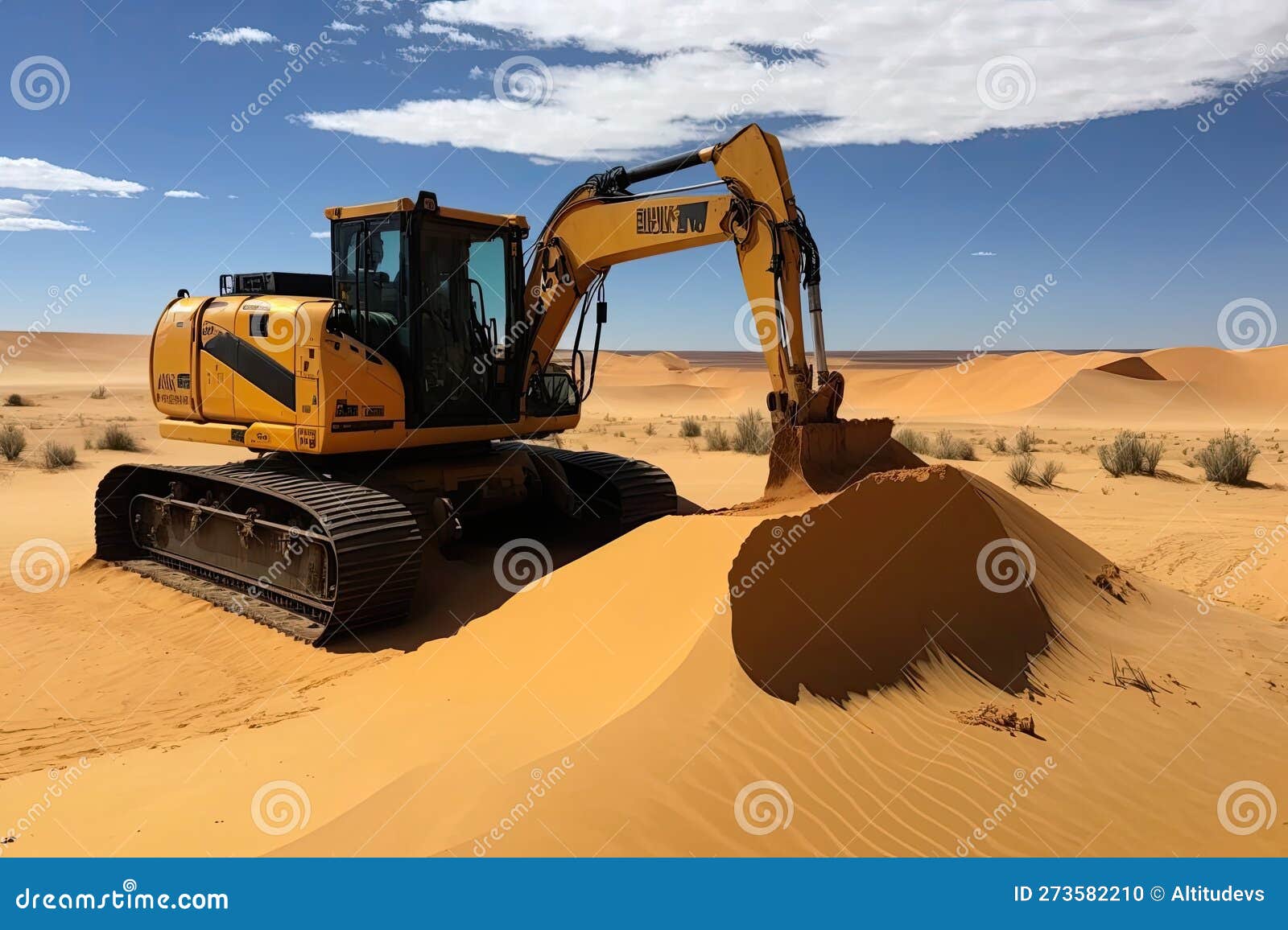 Excavator Digging into the Sand Dunes of Desert, with a View of Endless ...