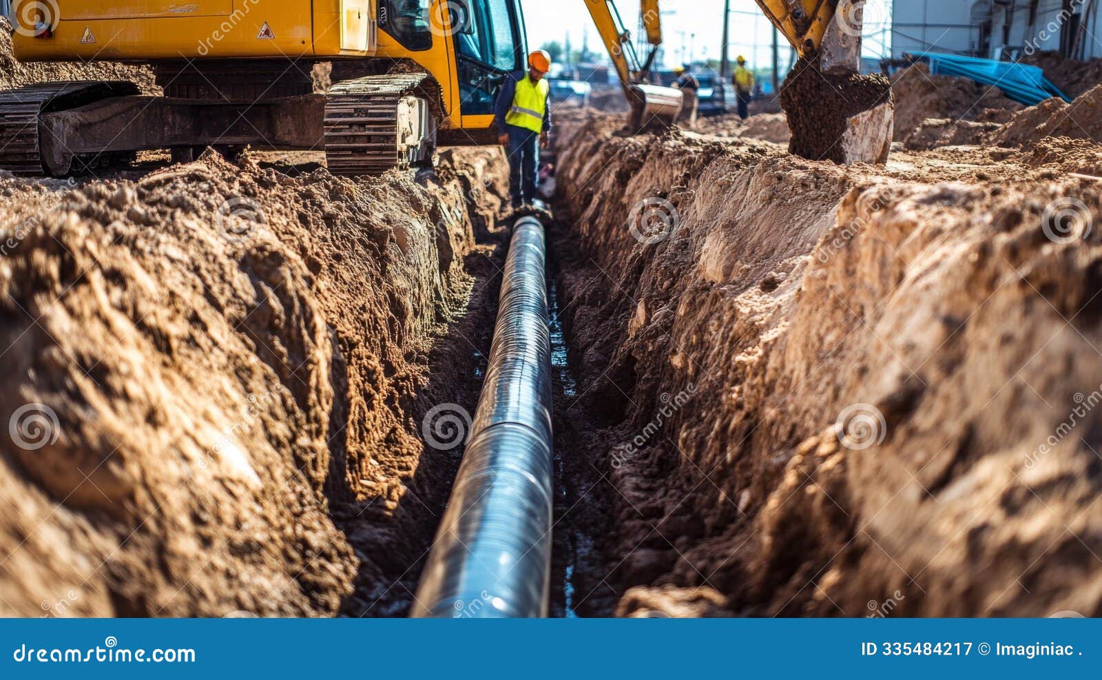 Excavator Digging a Trench for a Large Pipe Stock Illustration ...