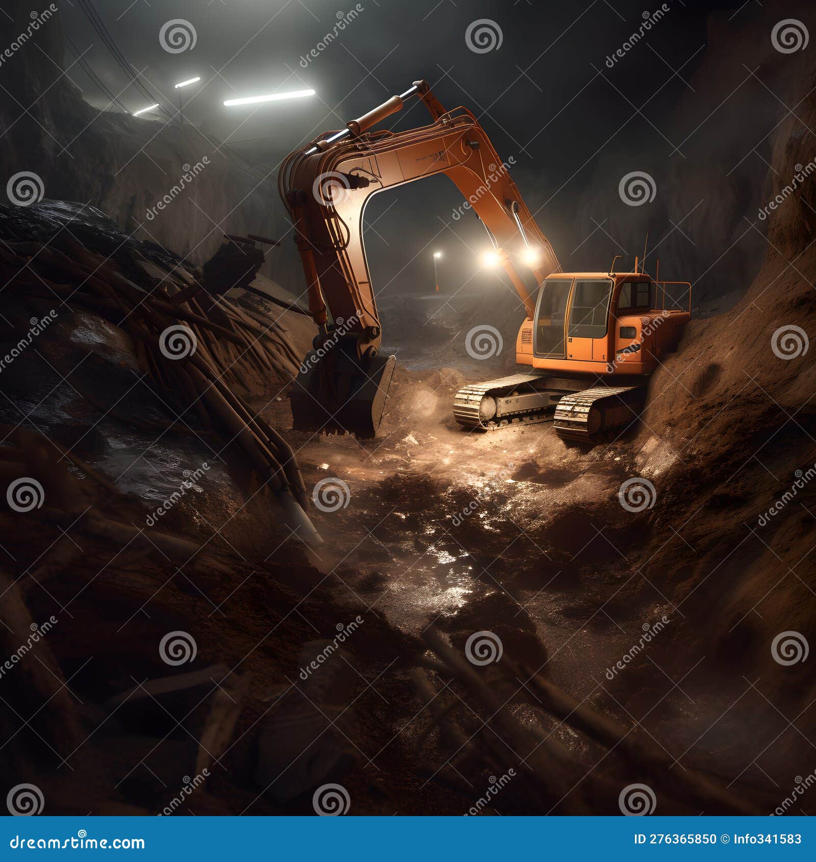An Excavator Digging a Trench for a Pipeline in a Constru Created with ...