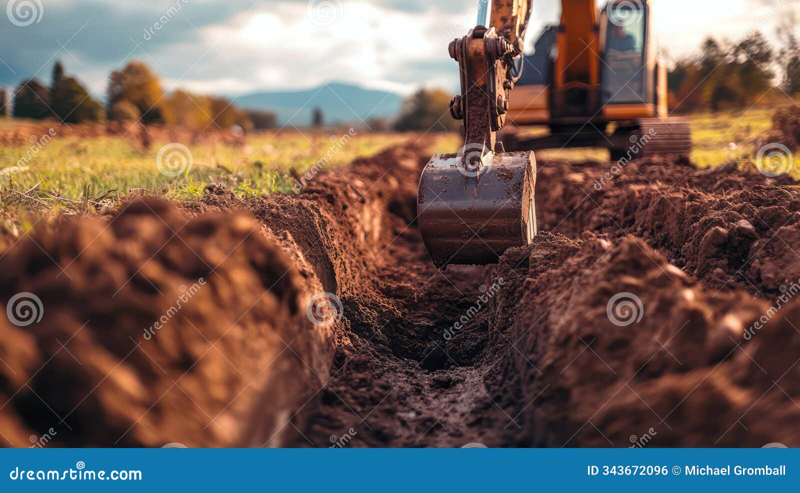 Excavator Digging Trench in Rural Field for Construction Project ...