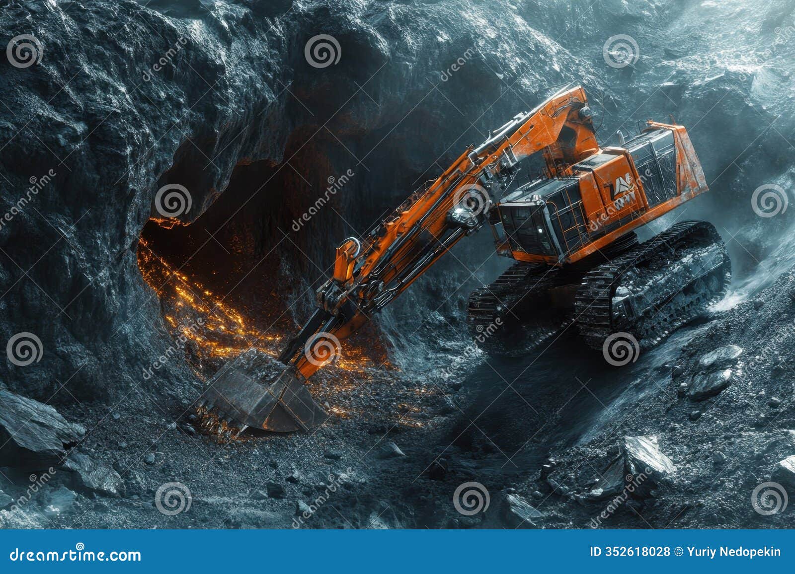 Excavator Digging in an Underground Mining Site during Nighttime ...