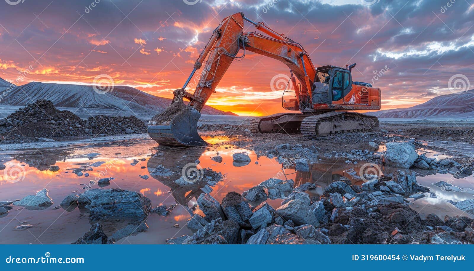 Excavator Digging the Water Channel at Sunset Stock Photo - Image of ...