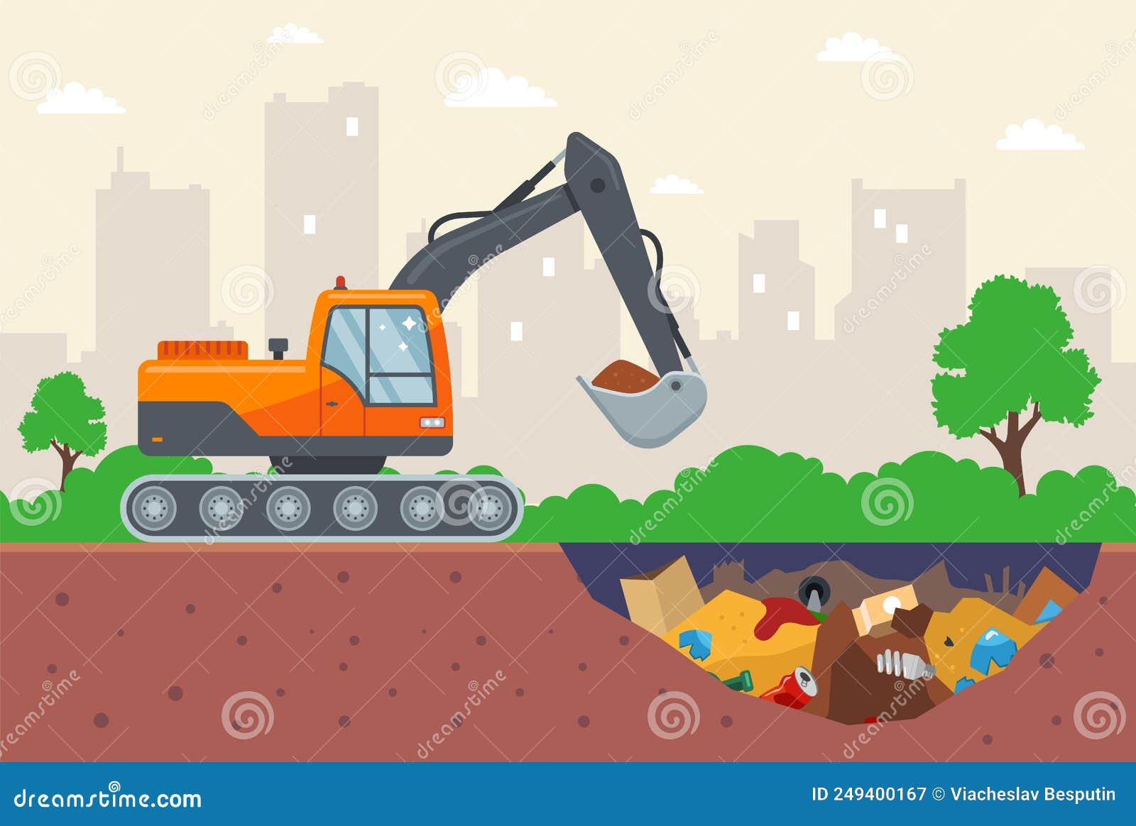 Excavator Digs Garbage. Waste Compost. Cesspool. Cartoon Vector ...