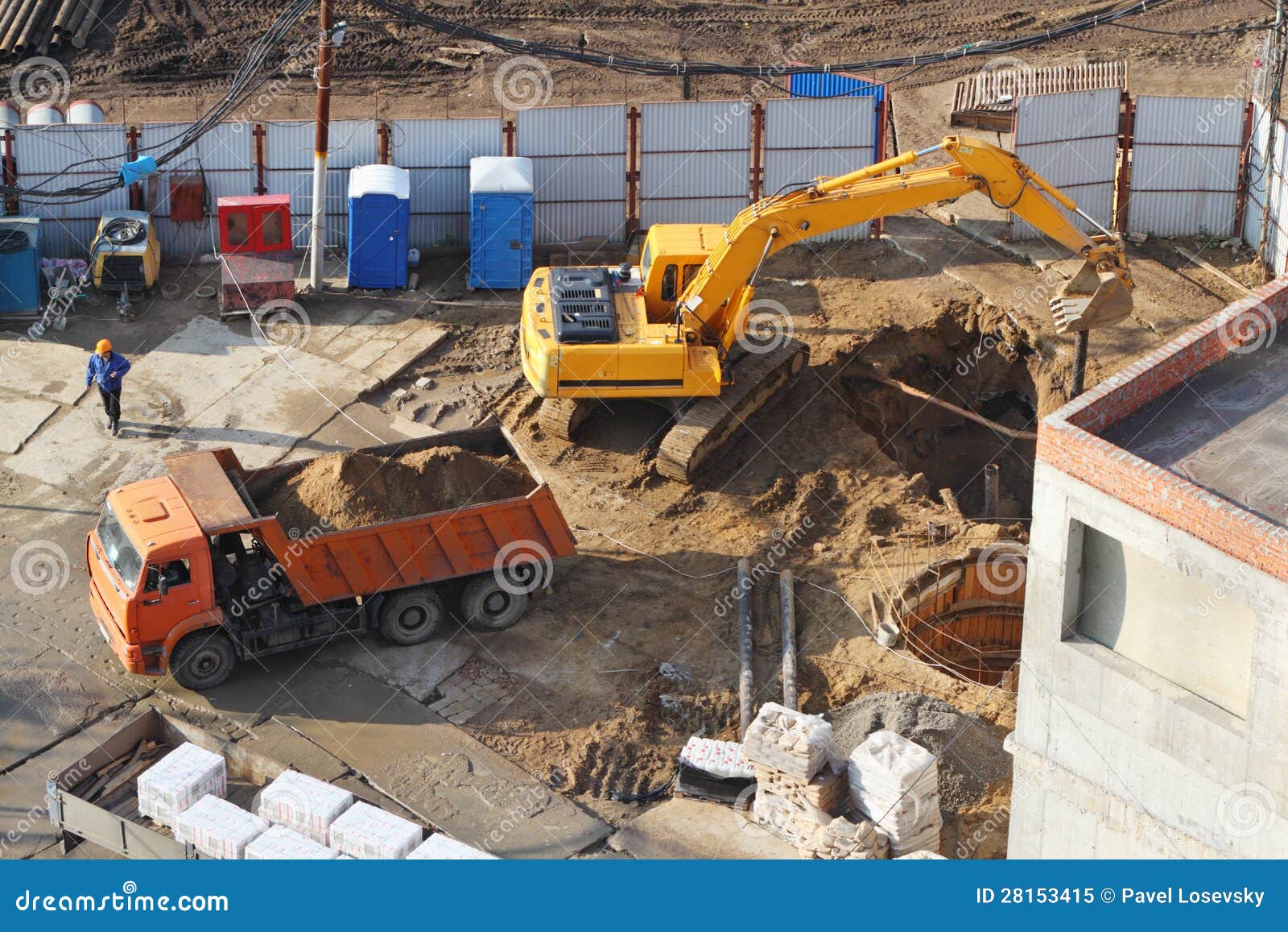 Excavator Digs Hole at Construction Site. Stock Image - Image of rise ...