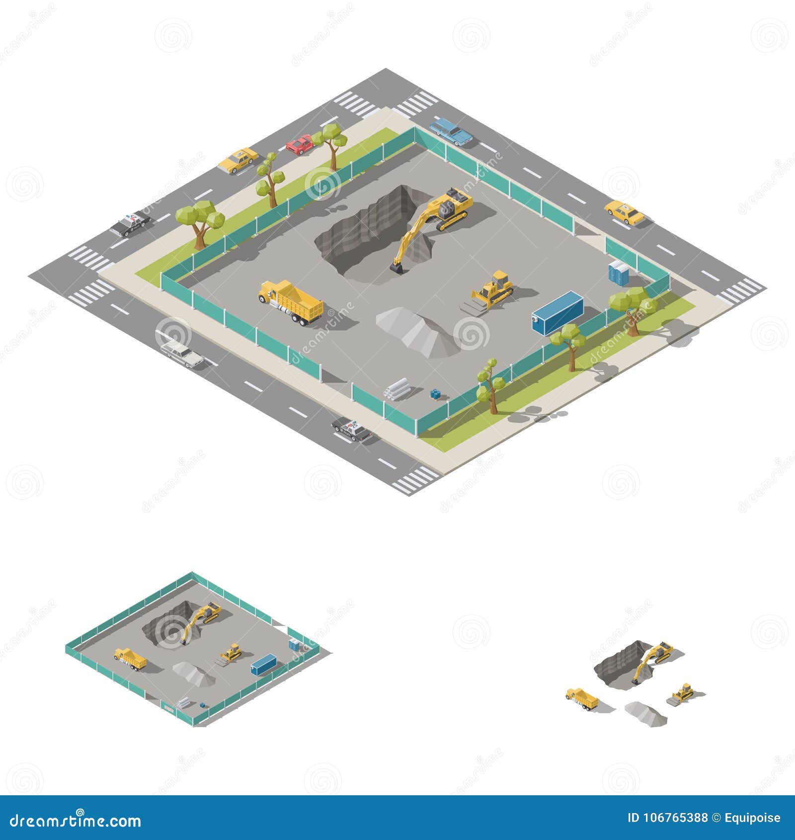 Excavator Digs a Pit on the Construction Site Isometric Icon Set Stock ...
