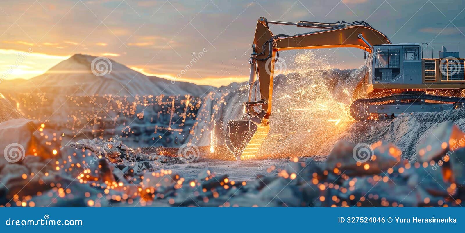 An Excavator Digs into a Quarry at Sunset, with a Futuristic Data ...
