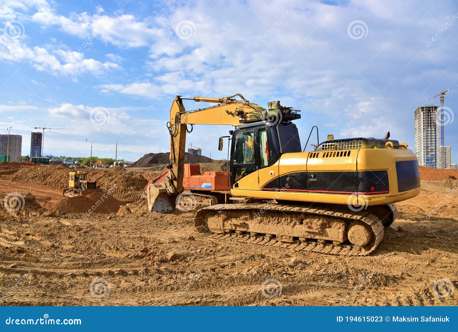Excavator And Dozer Working At Construction Site On Earthworks. Backhoe ...