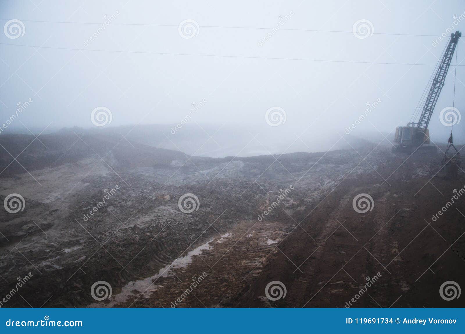 The Excavator Dragline Cleans the River in a Fog Stock Photo - Image of ...