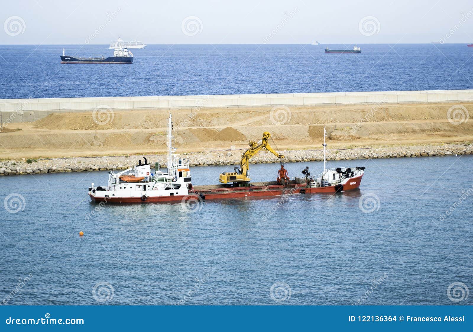 Excavator dredging on ship editorial stock image. Image of flood ...