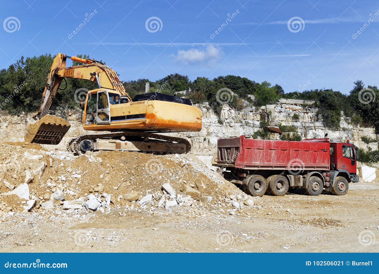 Excavator and dump truck stock image. Image of loader - 102506021