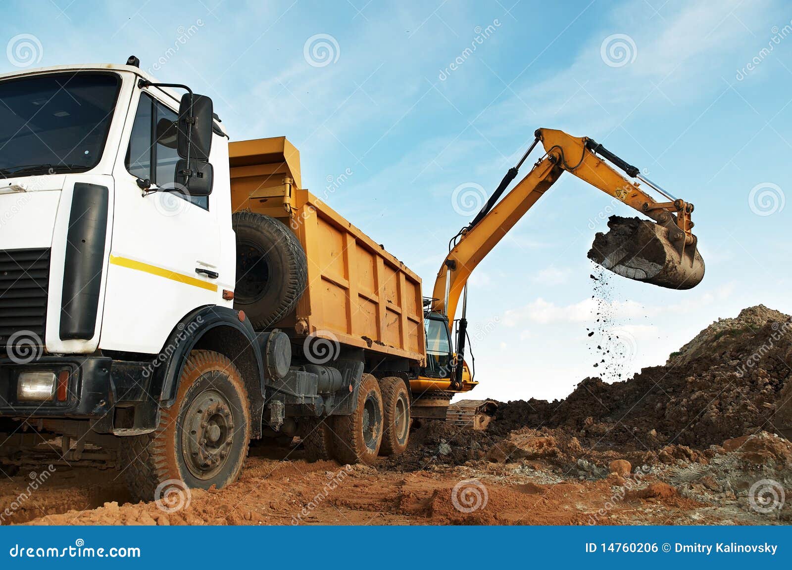 Excavator and Dumper at Loading Stock Photo - Image of charge, gravel ...