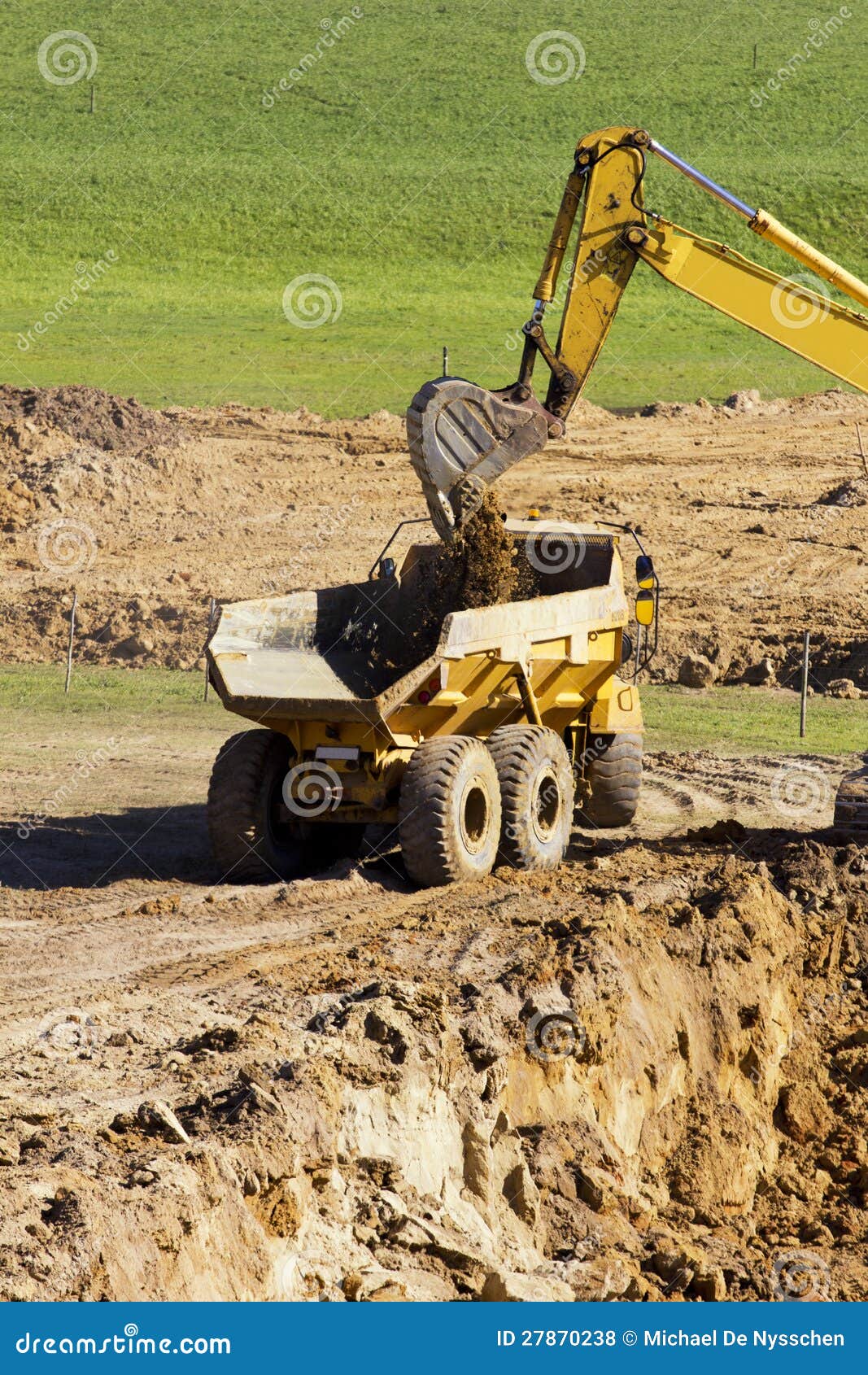 Excavator Dumping Soil and Sand Onto Truck Stock Photo - Image of ...