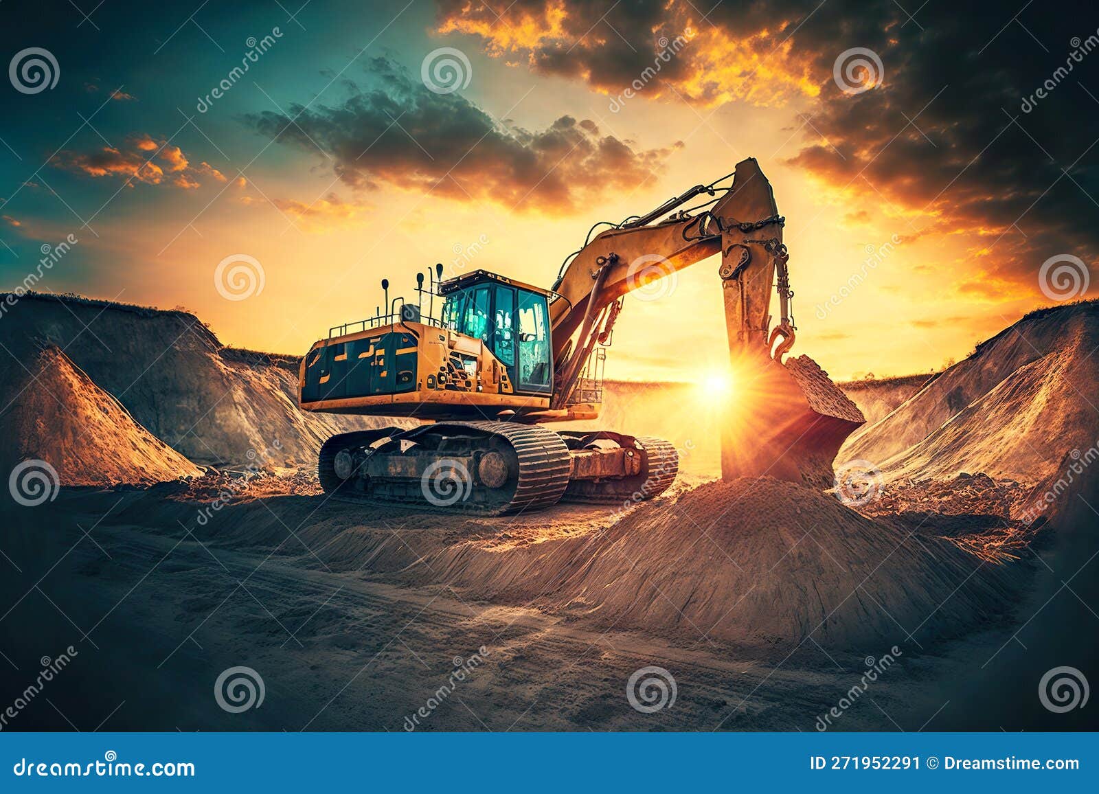 Excavator Earthmoving at Coal Open Pit on Sunset Background, Recycling ...