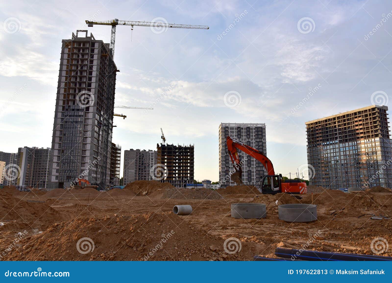 Excavator on Earthmoving at Construction Site. Road Work and Dig Pit ...