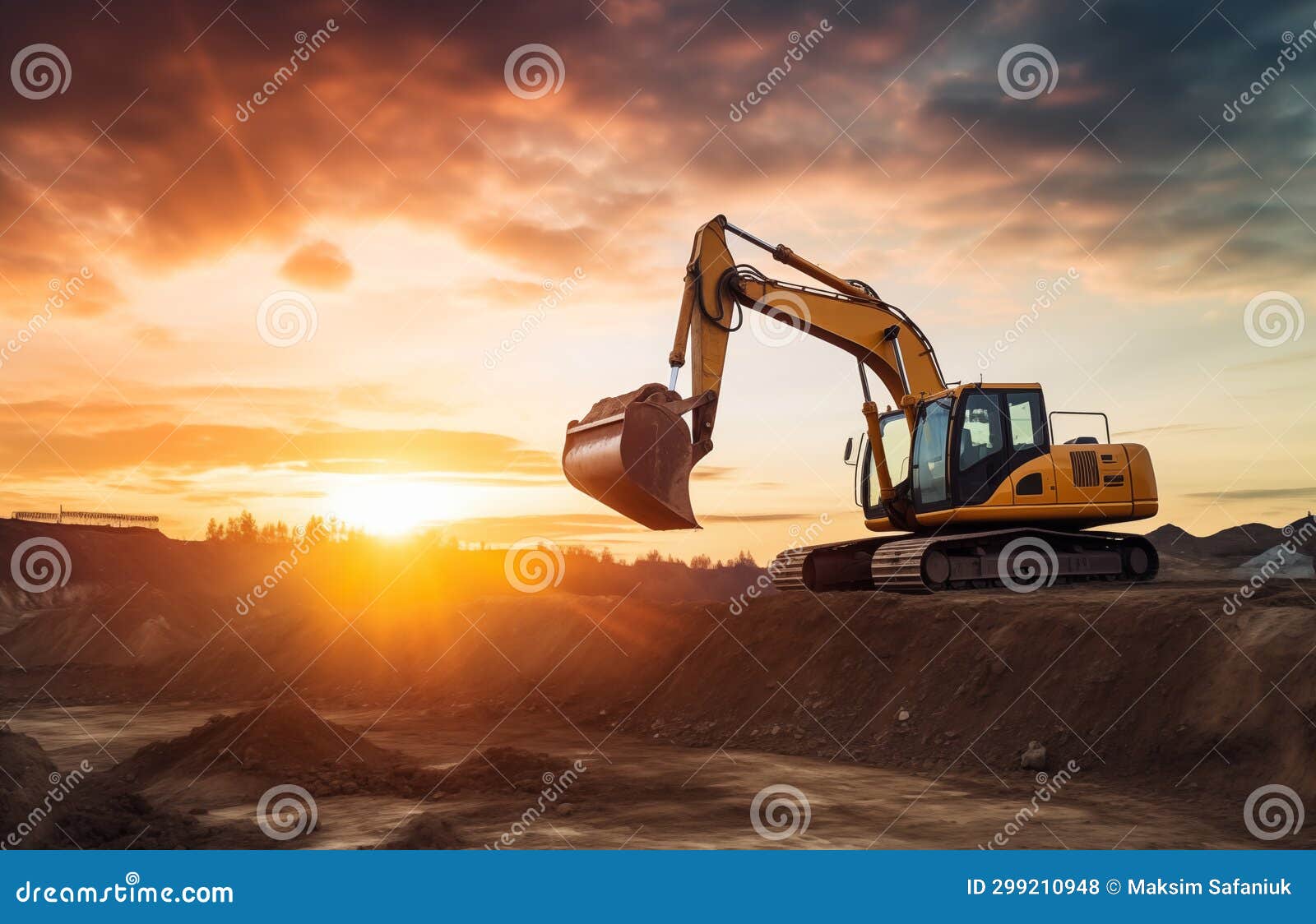 Excavator on Earthmoving at Open Pit Mining on Sunset Stock ...