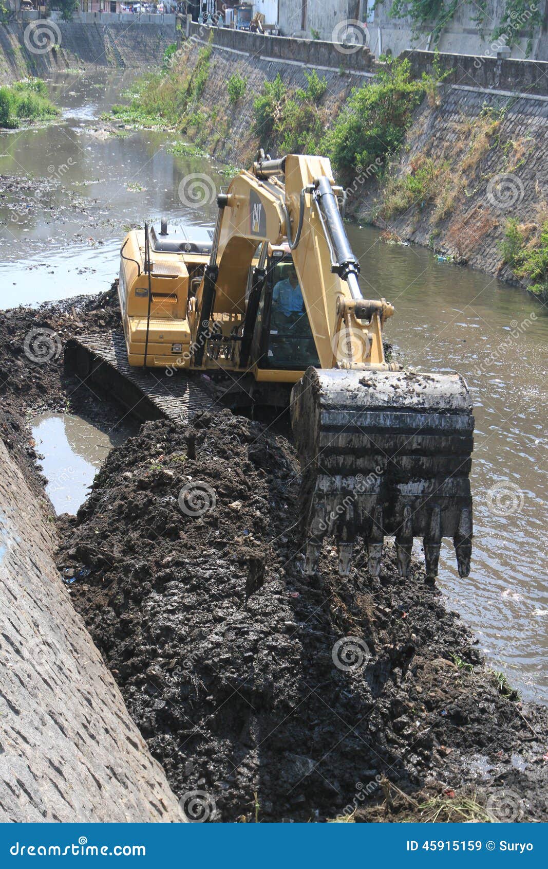 Excavator Conducting Flood Control Works On River Editorial Image ...