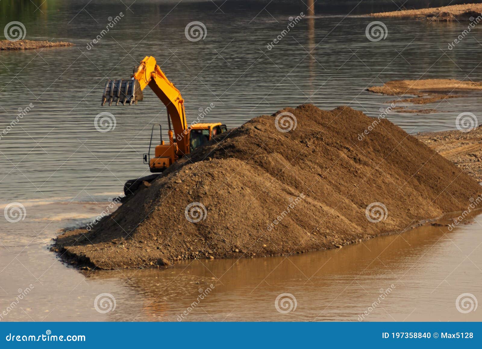 Excavator Extracts Sand and Pebbles from a River Stock Photo - Image of ...