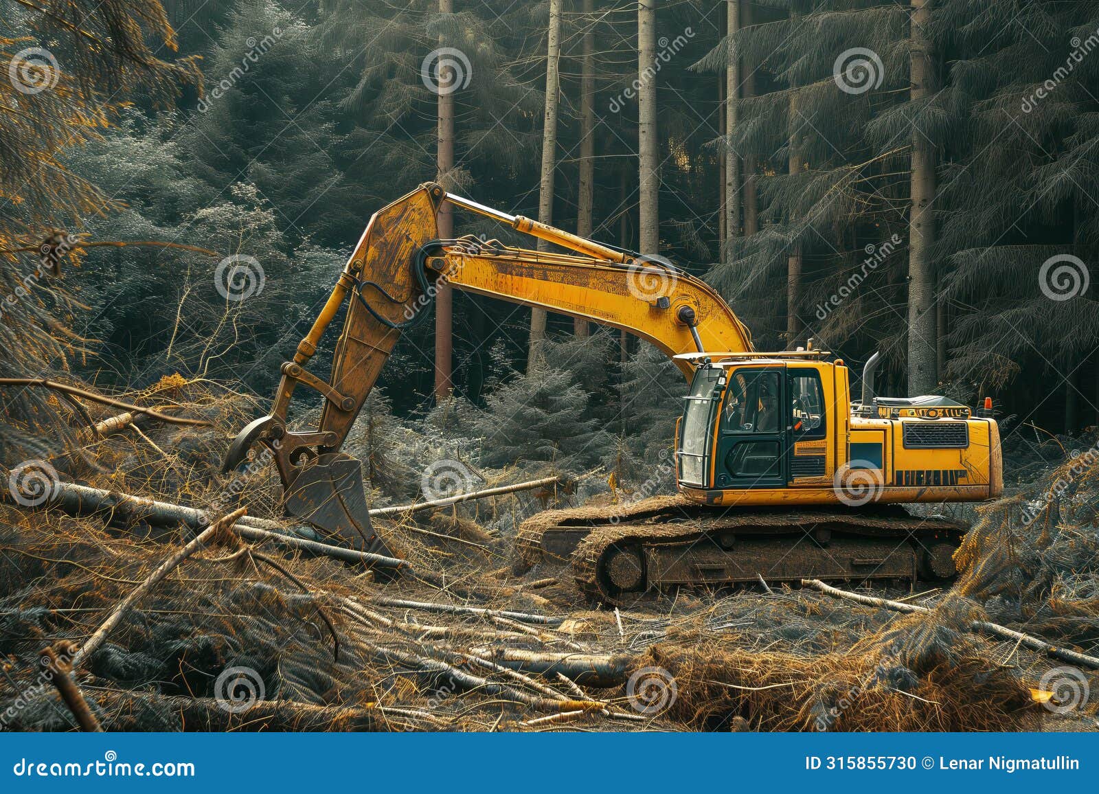 Excavator among Fallen Trees in a Deforestation Zone Stock Photo ...