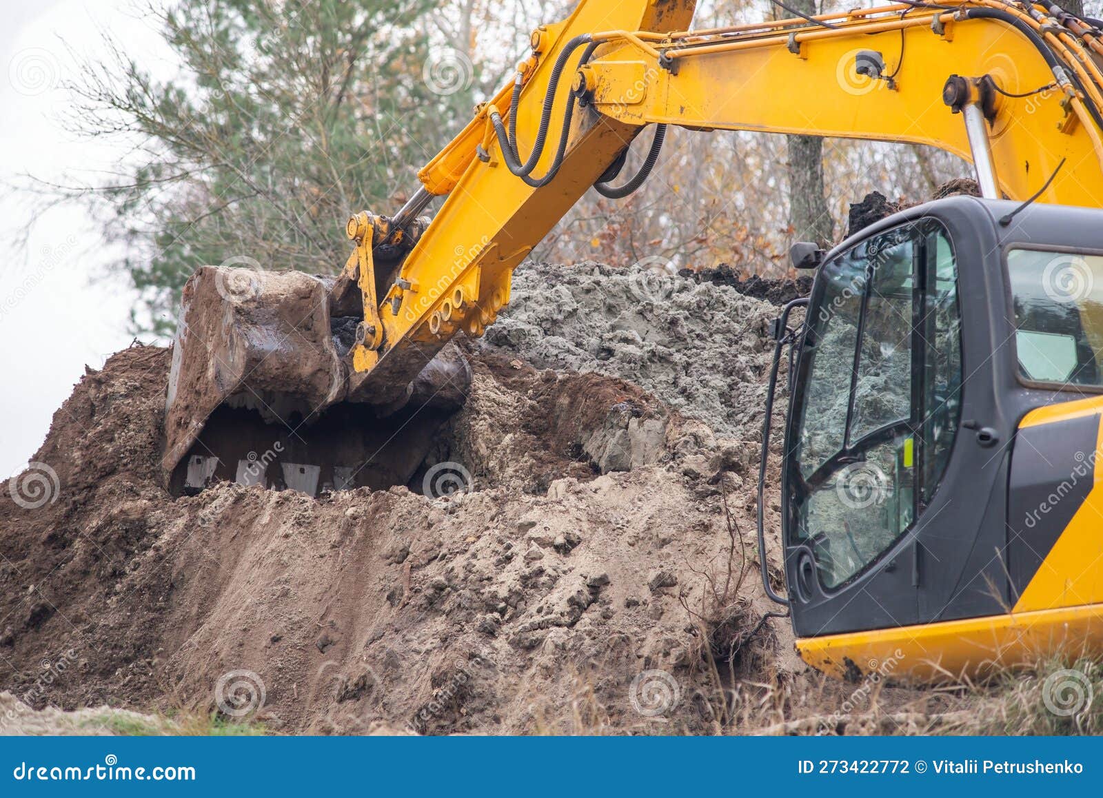 Excavator during Work in Countryside Stock Photo - Image of field ...