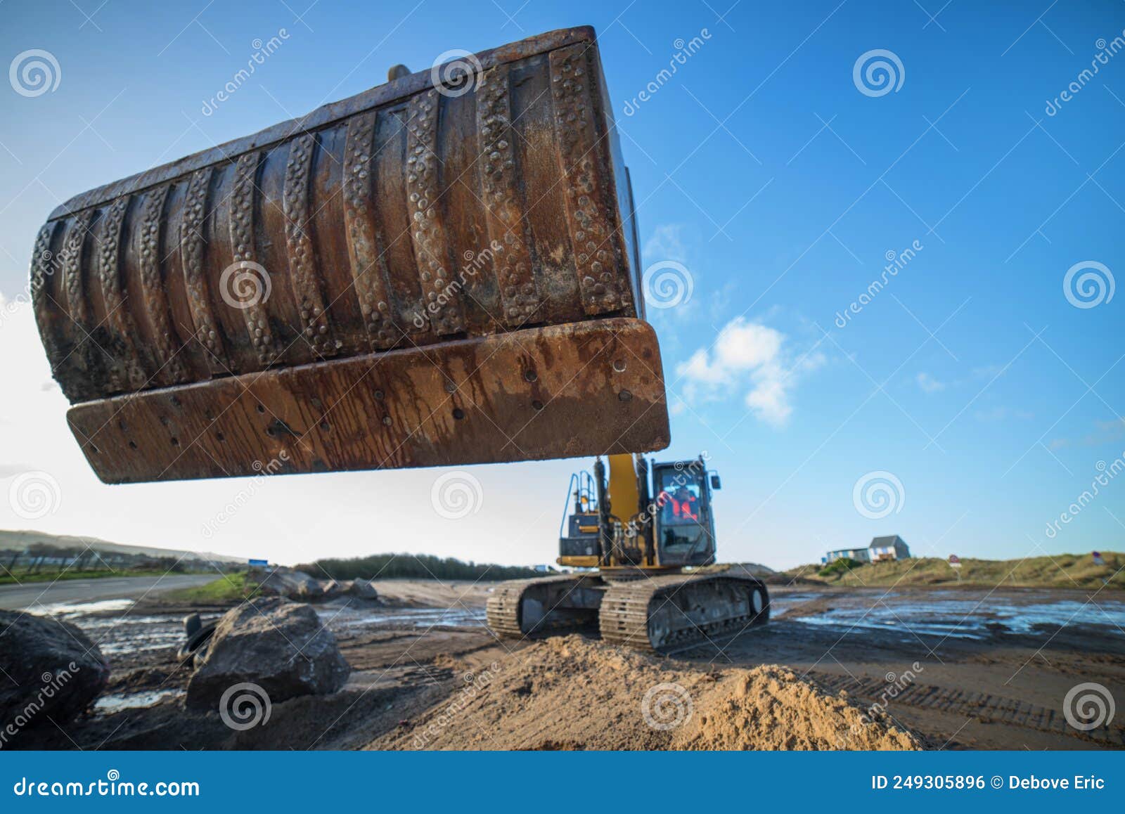 Backhoe in Action on a Construction Site Close Up Stock Photo - Image ...