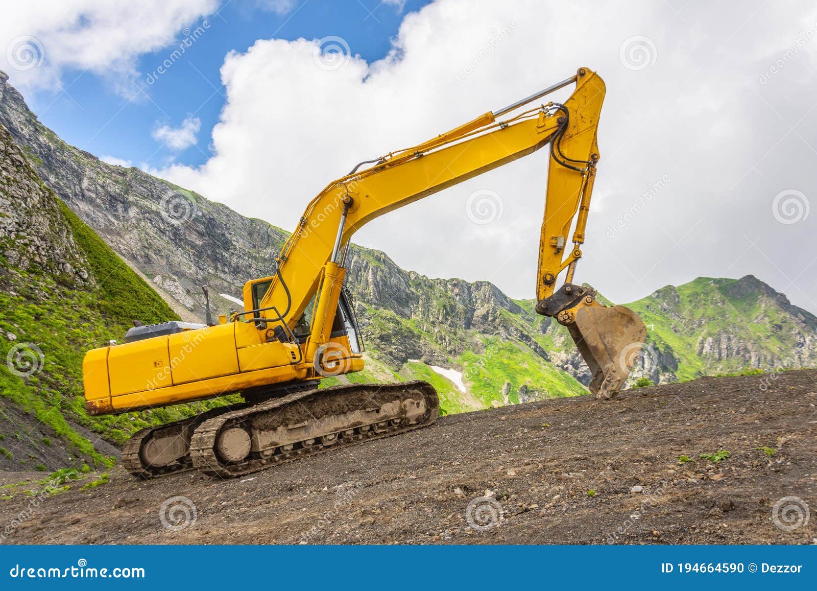Excavator Heavy Equipment in Mountains on Steep Range Slopes Stock ...