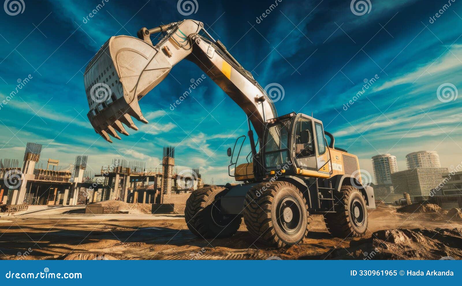 Excavator Loader with Raised Bucket on Construction Site Under Blue Sky ...