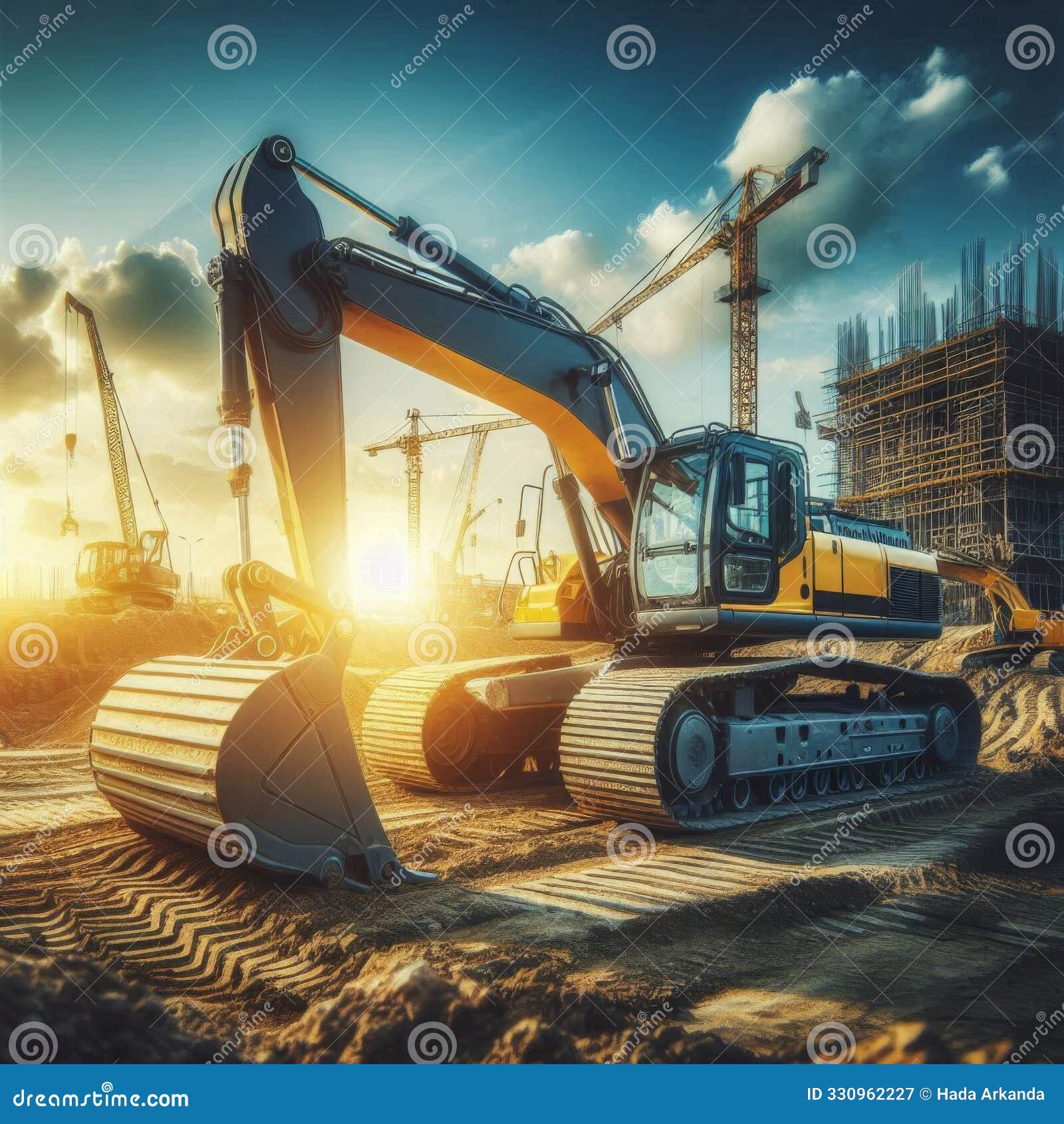 Excavator Loader with Raised Bucket on Construction Site Under Blue Sky ...