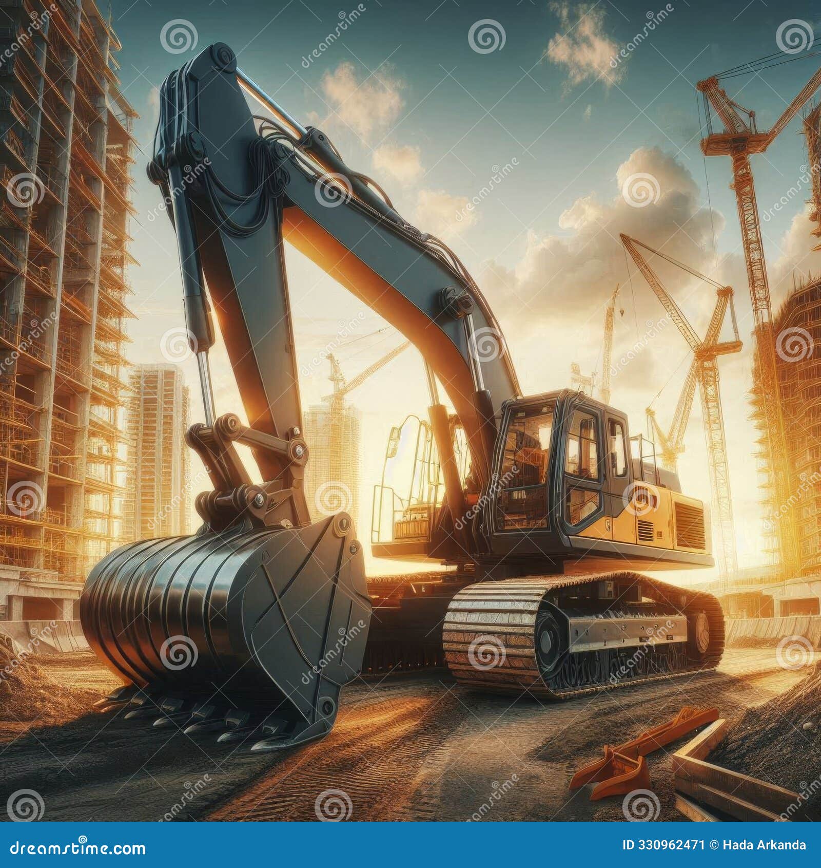 Excavator Loader with Raised Bucket on Construction Site Under Blue Sky ...