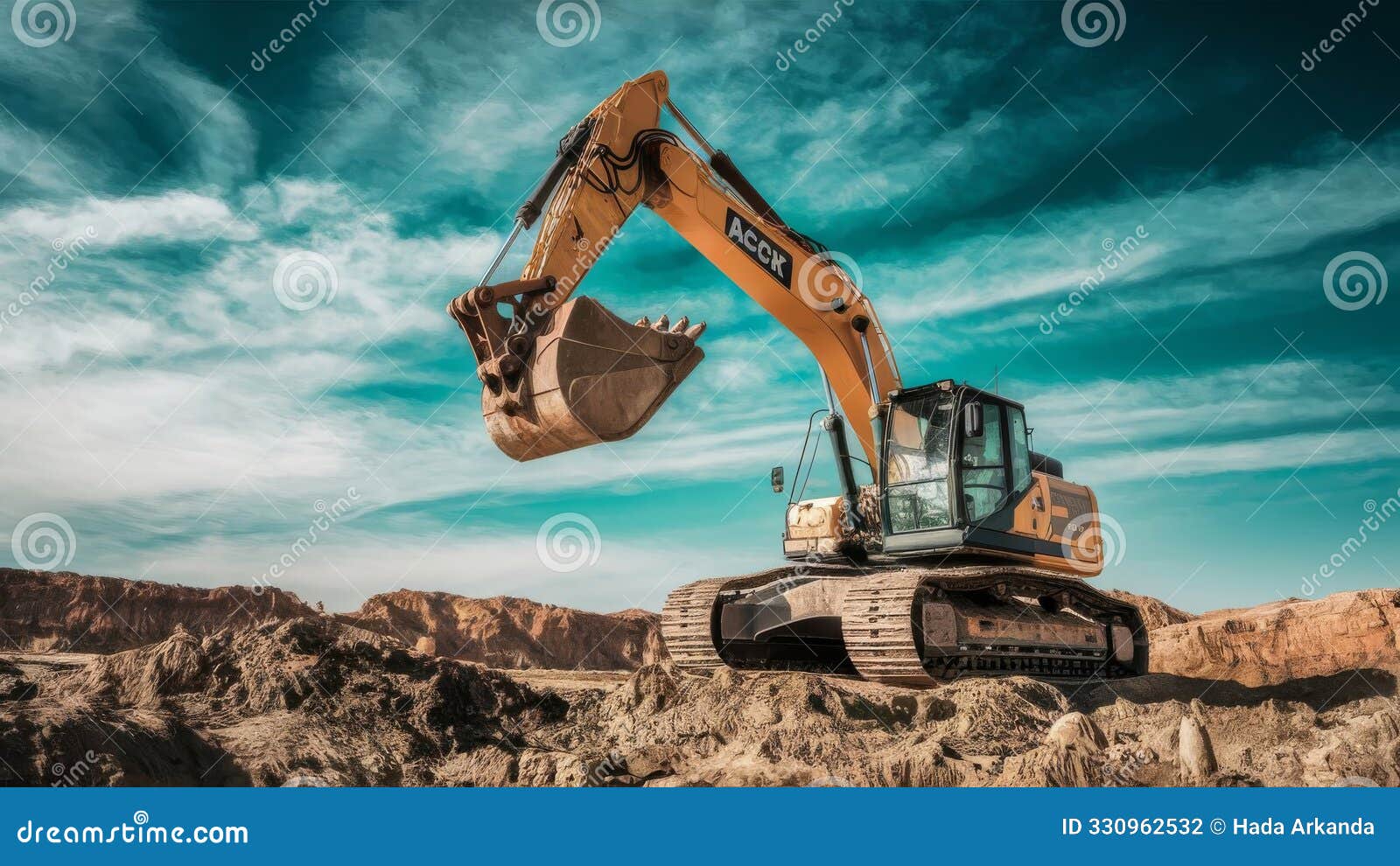 Excavator Loader with Raised Bucket on Construction Site Under Blue Sky ...