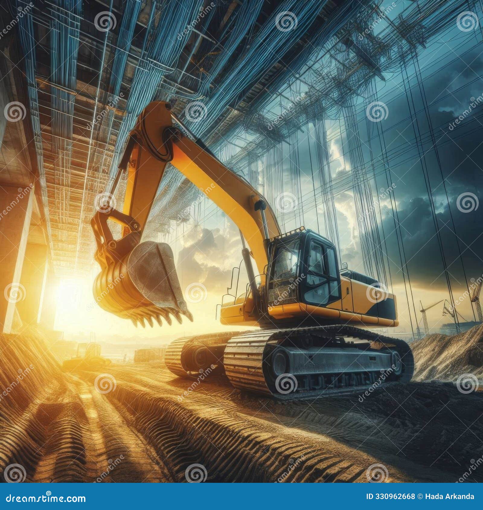 Excavator Loader with Raised Bucket on Construction Site Under Blue Sky ...