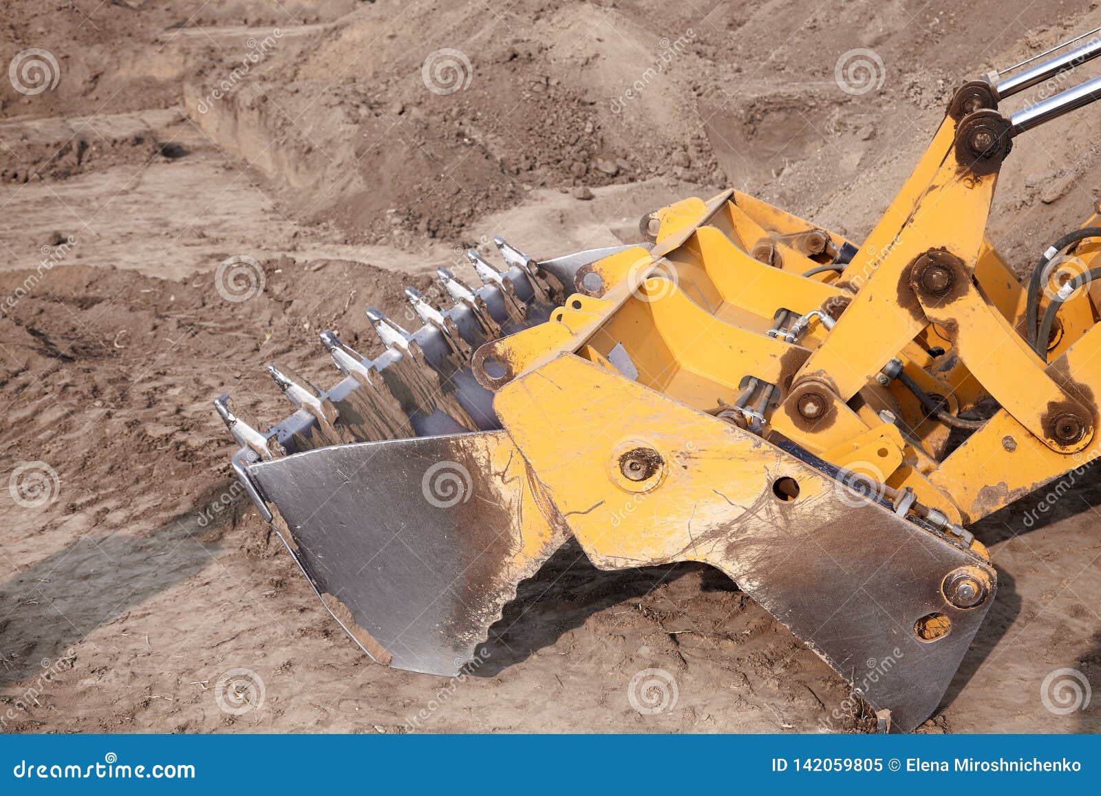Excavator Loader Working at Ground Area, Digging Process. Yellow Bucket ...