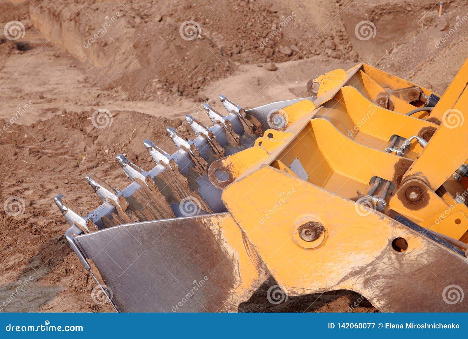 Excavator Loader Working at Ground Area, Digging Process. Yellow Bucket ...