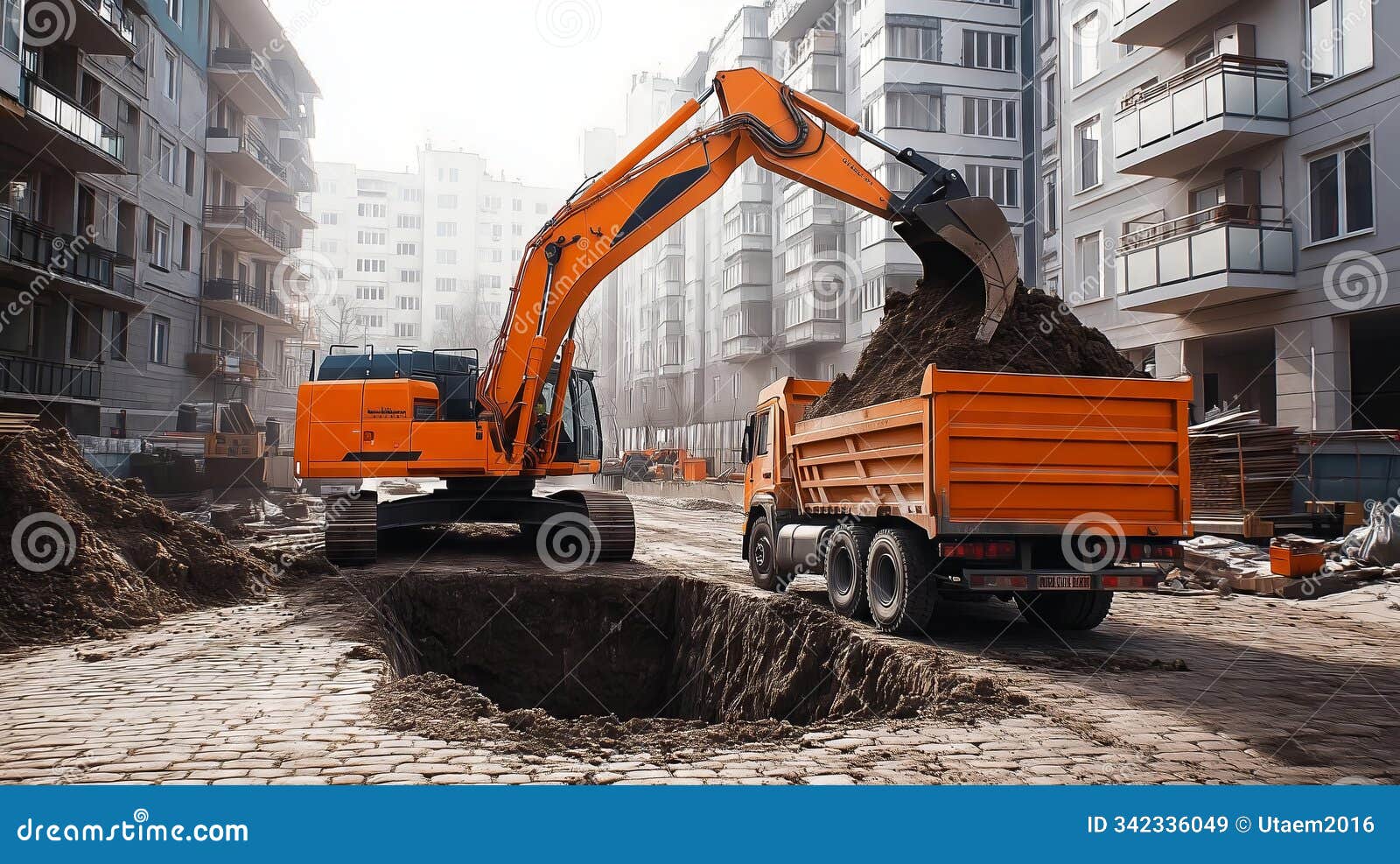 Excavator Loading Dump Truck with Soil at Construction Site in City ...