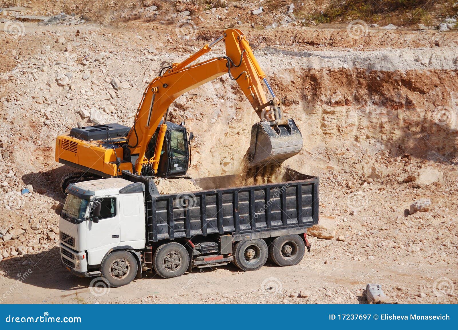 Excavator Loading Dumper Truck with Sand Stock Image - Image of ...