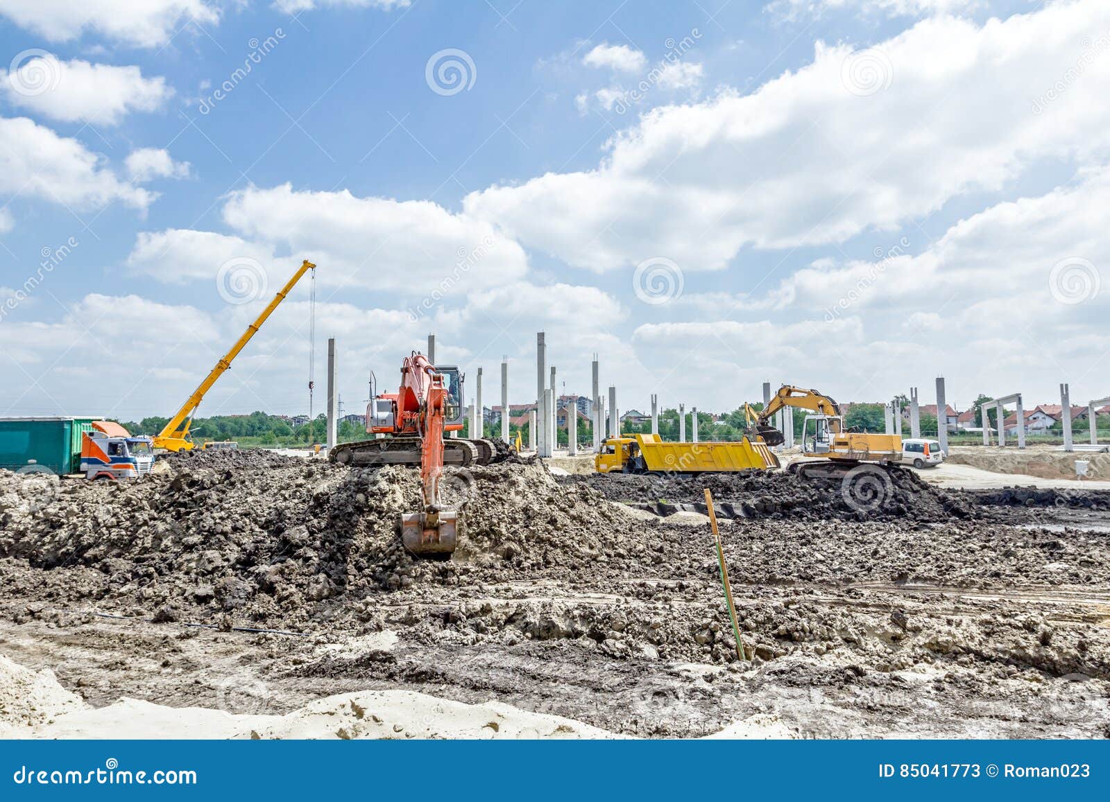 Excavator is Loading a Truck on Building Site Stock Image - Image of ...