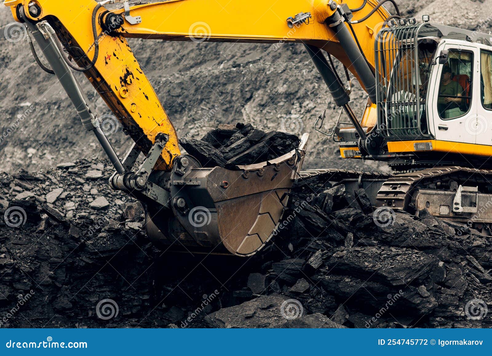 Excavator Loads Coal into the Back of a Heavy Mining Dump Truck. Stock ...