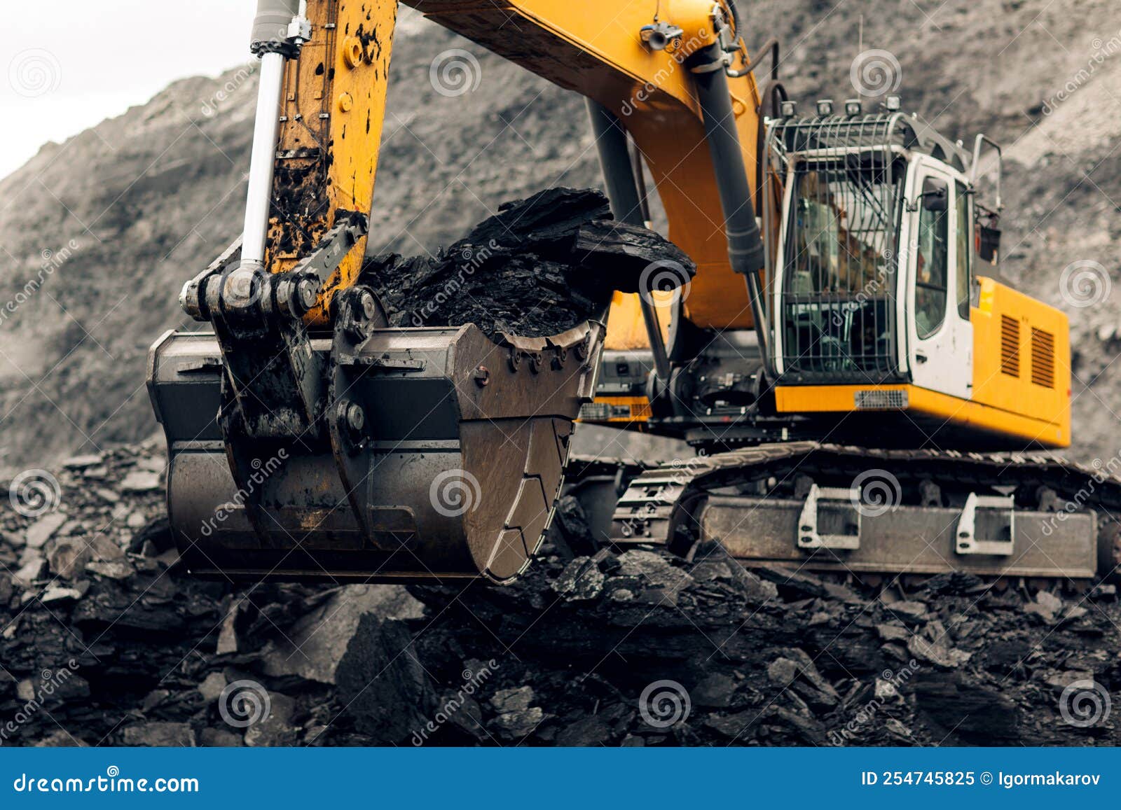Excavator Loads Coal into the Back of a Heavy Mining Dump Truck. Stock ...