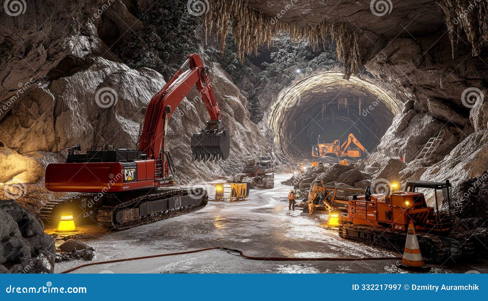 An Excavator Loads a Dumper Truck on a Mining Site. the Trucks and the ...