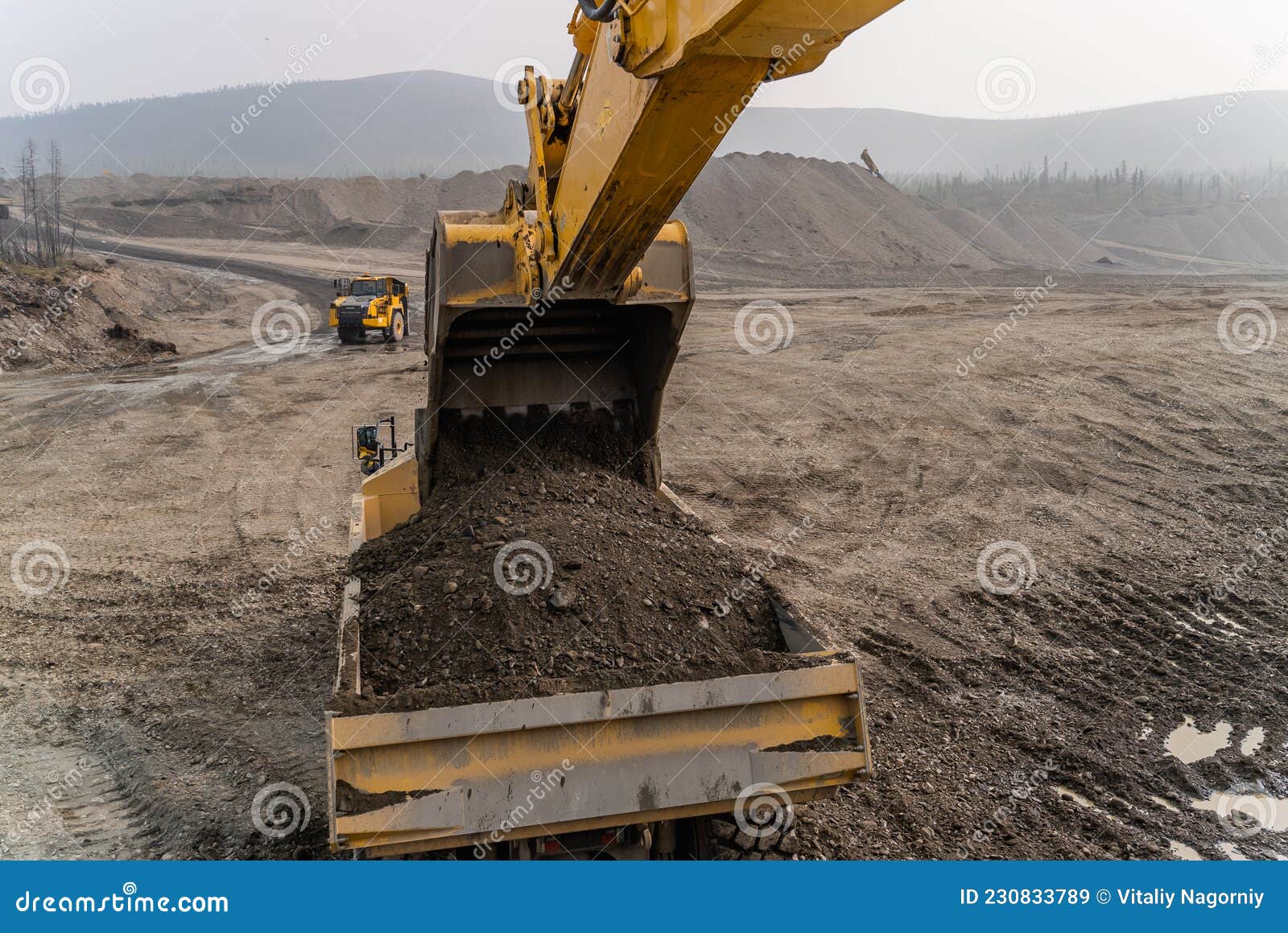 Excavator Loads Ore into a Dump Truck. Stock Image - Image of heavy ...