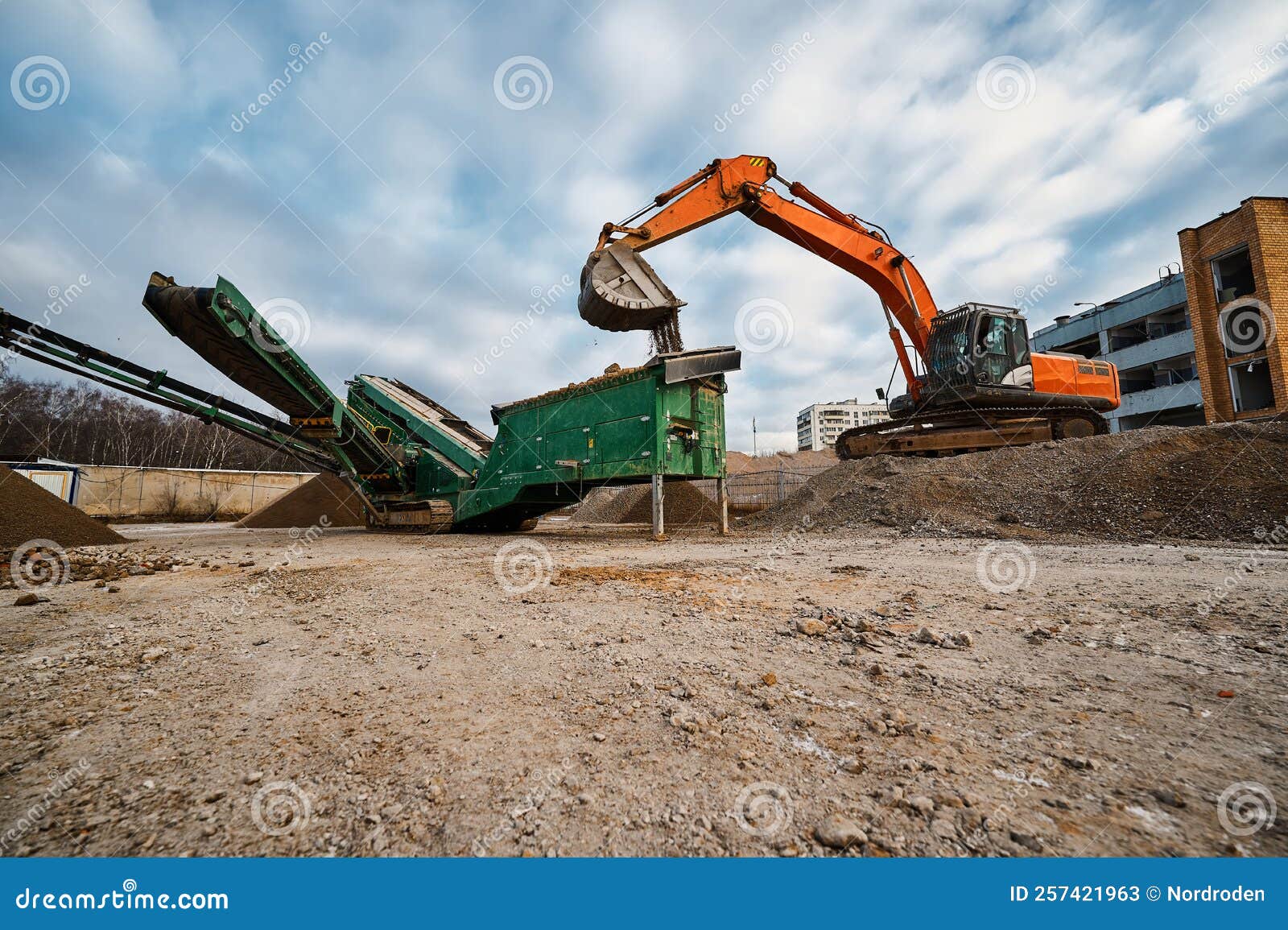 Excavator Loads Soil in Mobile Crushing and Sorting Complex Stock Image ...