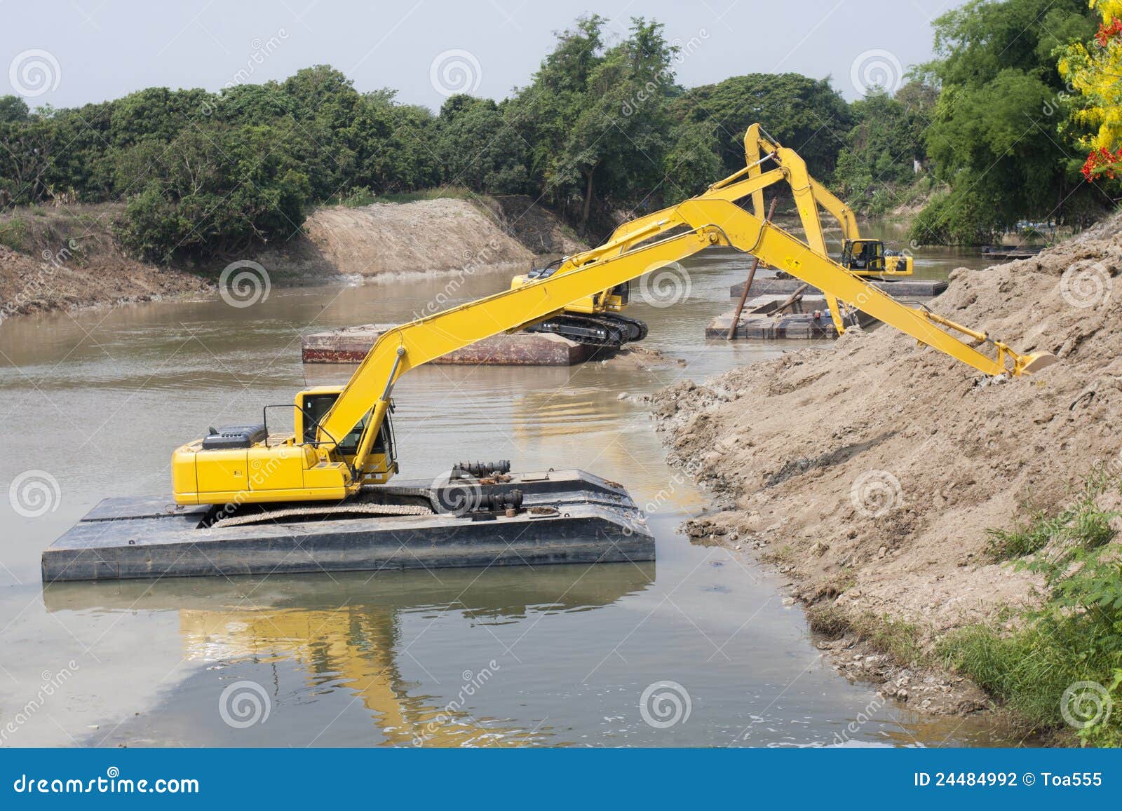 Excavator Machine Group Works at River Stock Photo - Image of boom ...