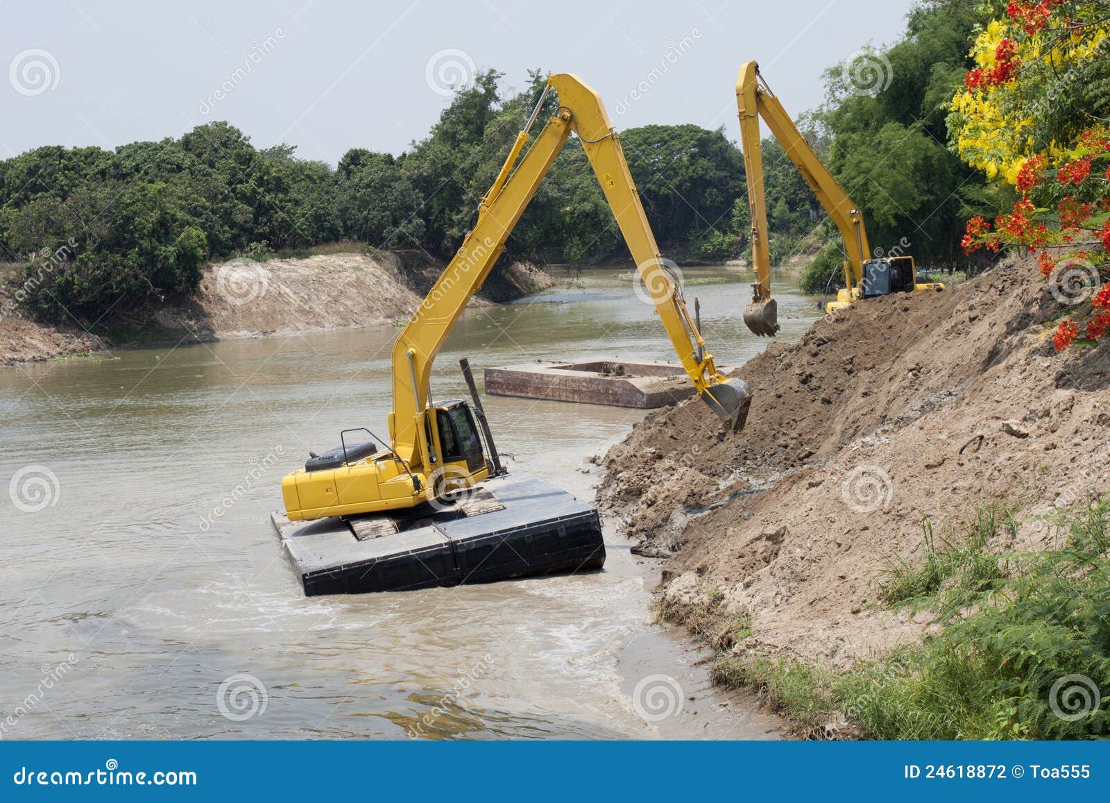 Excavator Machine Group Works at River Stock Photo - Image of ...