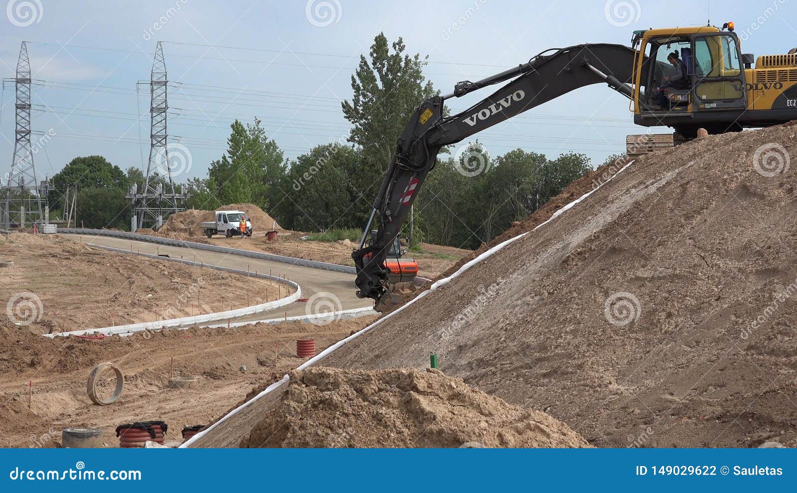 Excavator Machine Level Hill Soil Sand and Roller Working on Road ...