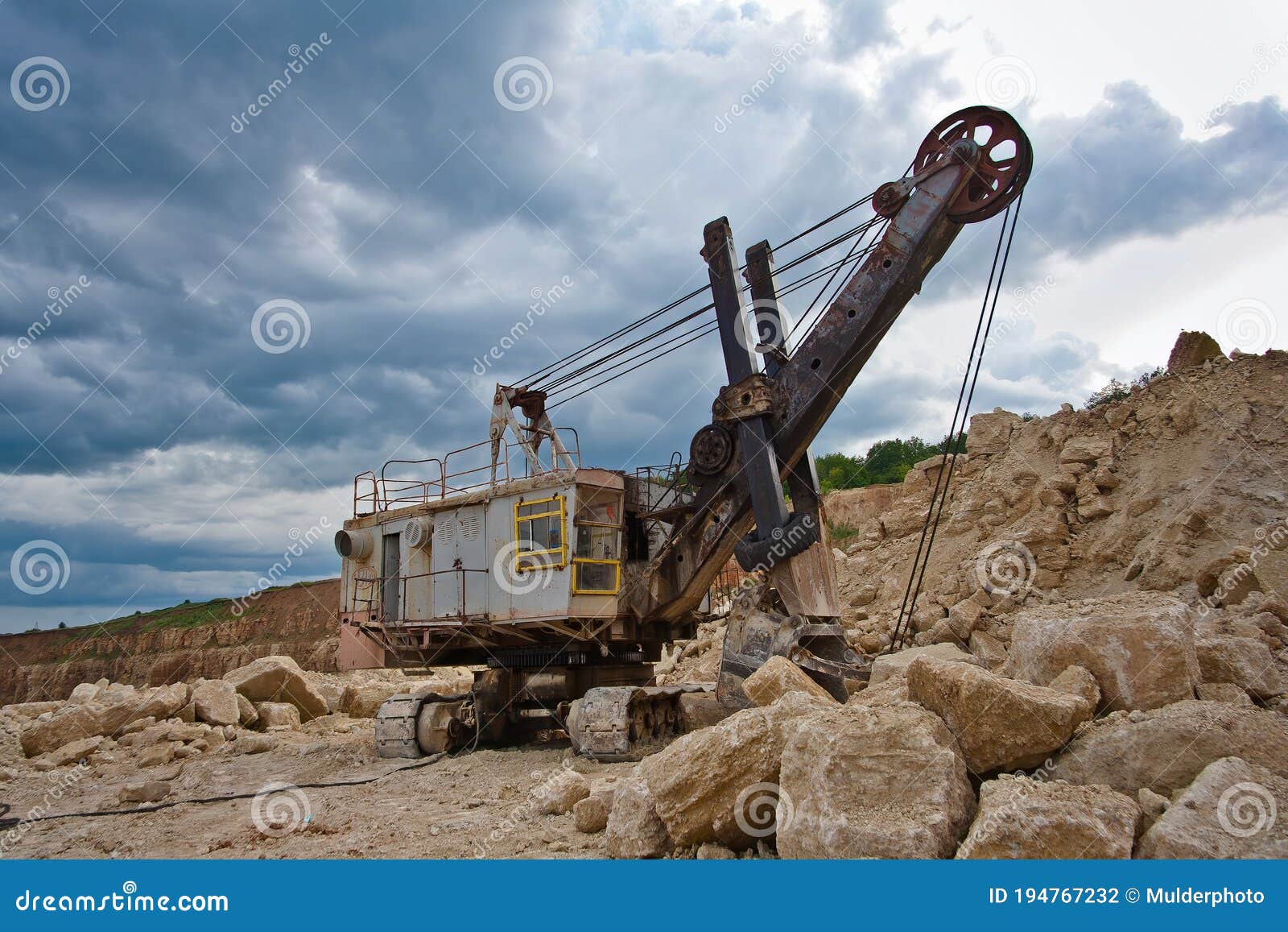Excavator Machine Works in Limestone Pit Quarry Stock Photo - Image of ...