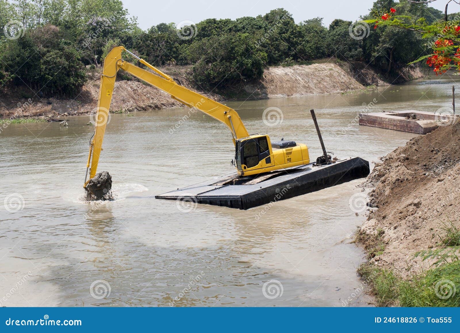 Excavator Machine Works at River Stock Photo - Image of group, flood ...