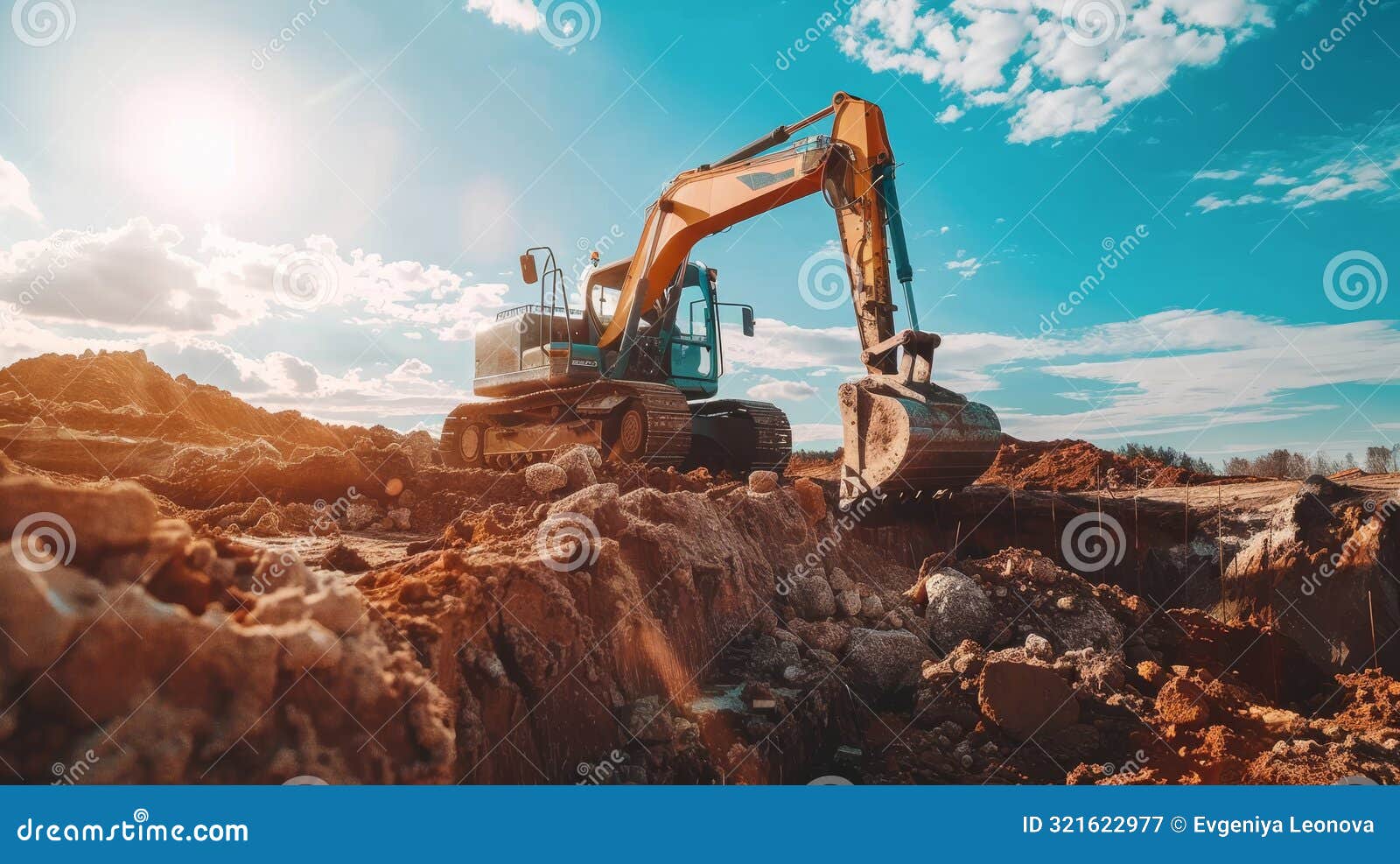 Excavator Machinery Operating Outdoors, Digging Soil Under The ...