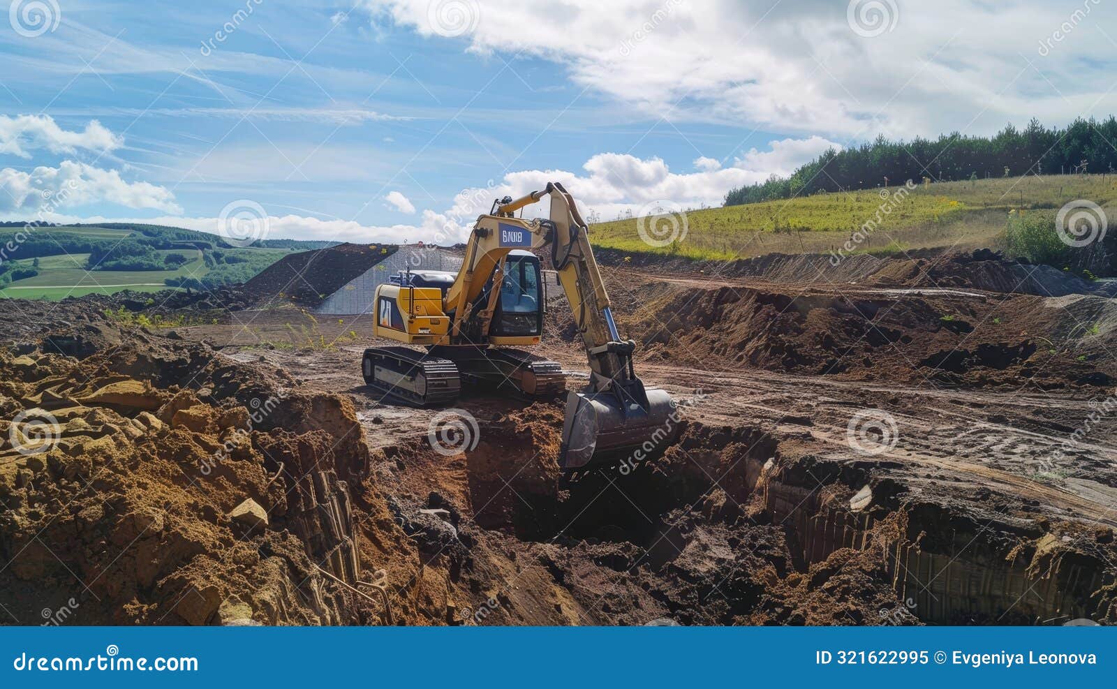 Excavator Machinery Operating Outdoors, Digging Soil Under The ...