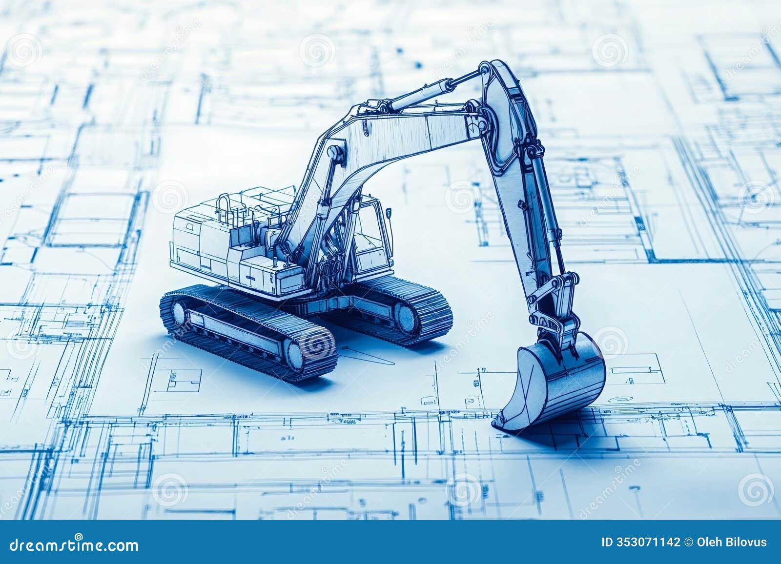 Excavator Model Standing on Construction Plan Blueprint Stock Photo ...